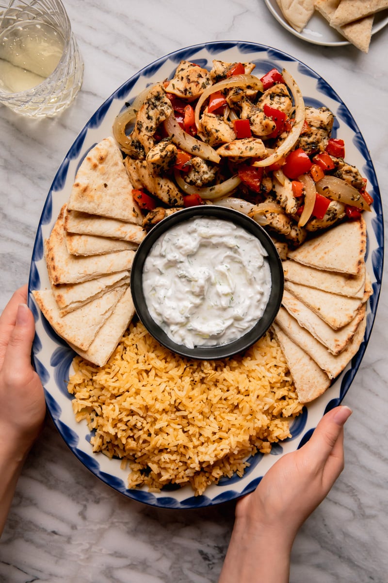 Mediterranean Chicken Platter with Rice and Tzatziki - Fanciful Eats