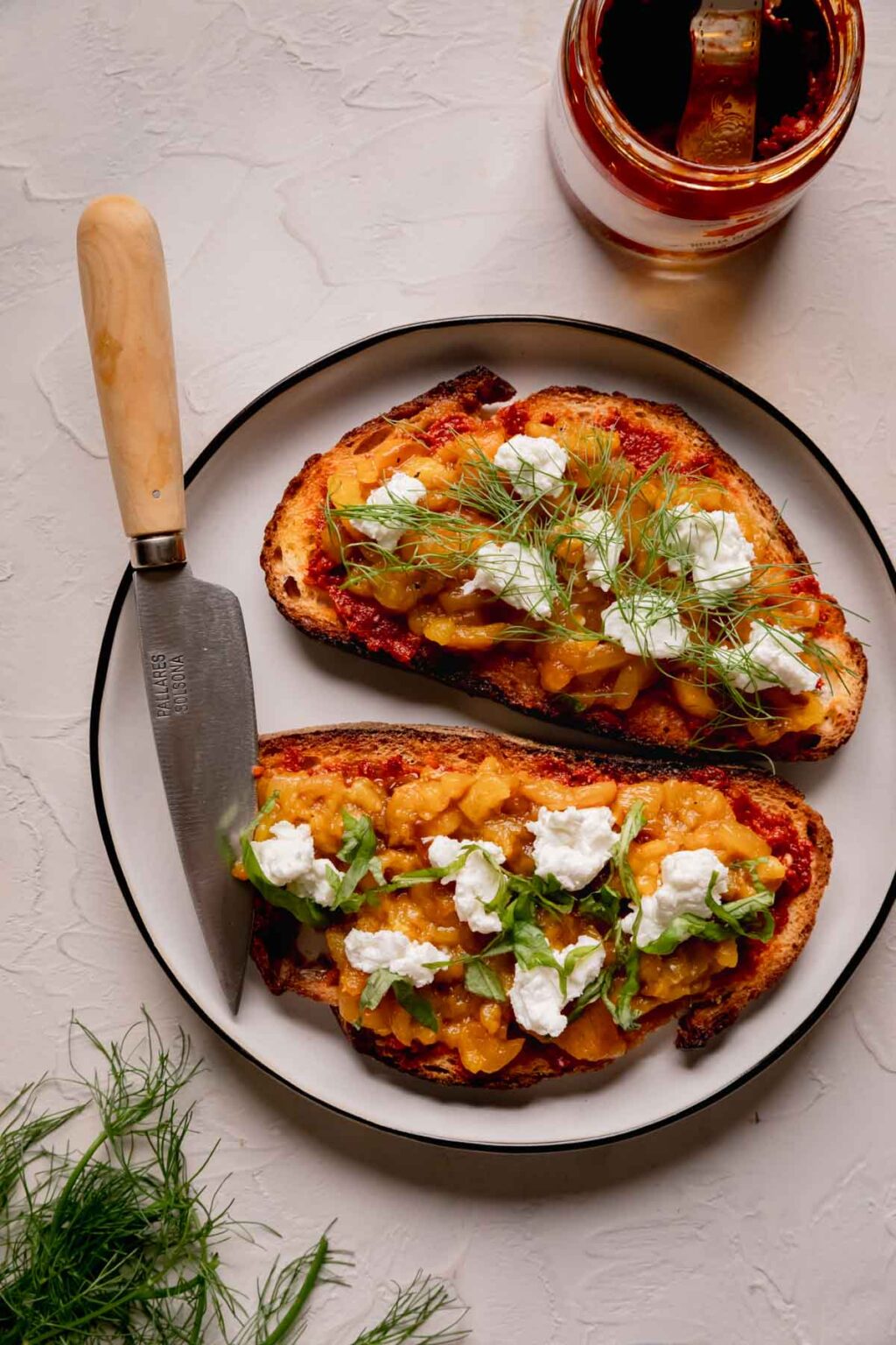 Nduja Bruschetta with Roasted Peppers and Goat Cheese - Fanciful Eats